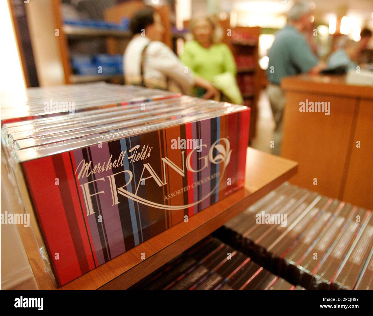 A box of Marshall Field's Frango mints sits on display as customers ...