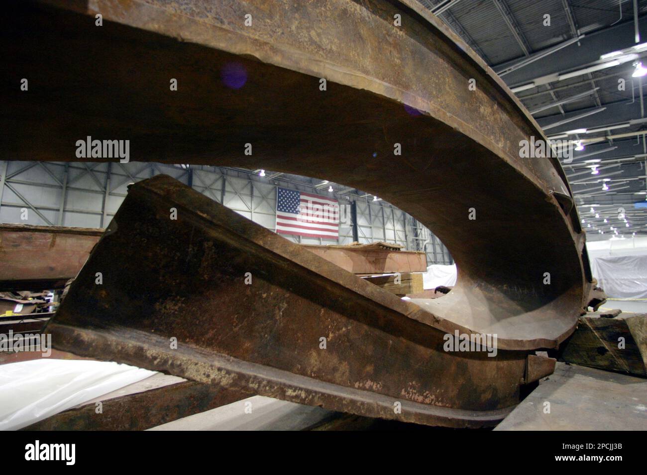 A twisted steel I-beam removed from the World Trade Center site, is ...