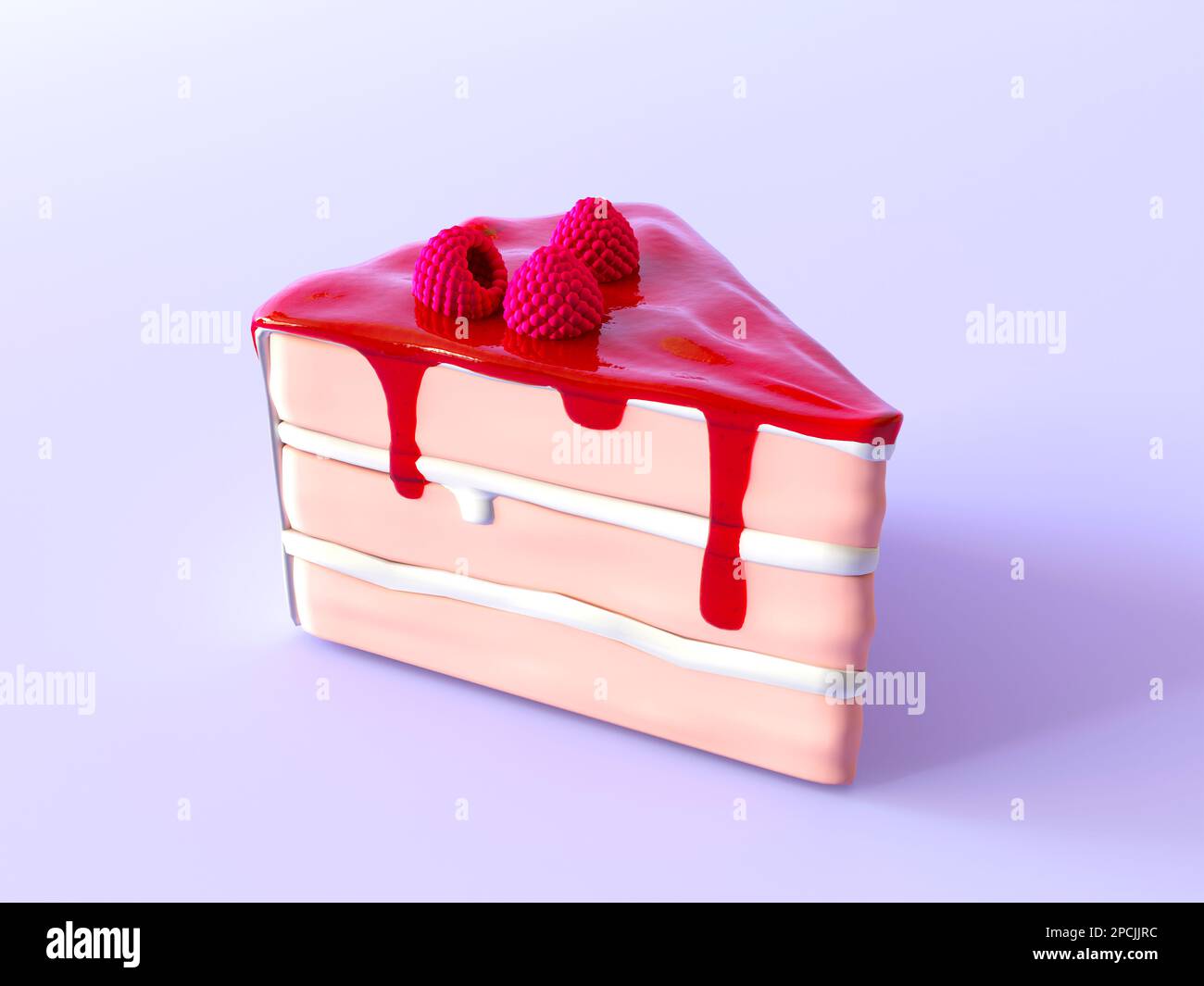 3d piece of cake in pastel colors with raspberries on a purple flat lay background. 3d Cake ...