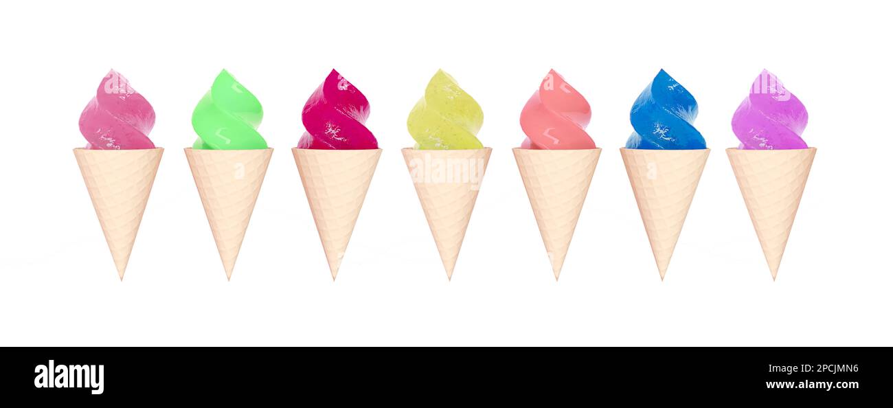 Assortment of ice cream in a cone isolated on a white background ...