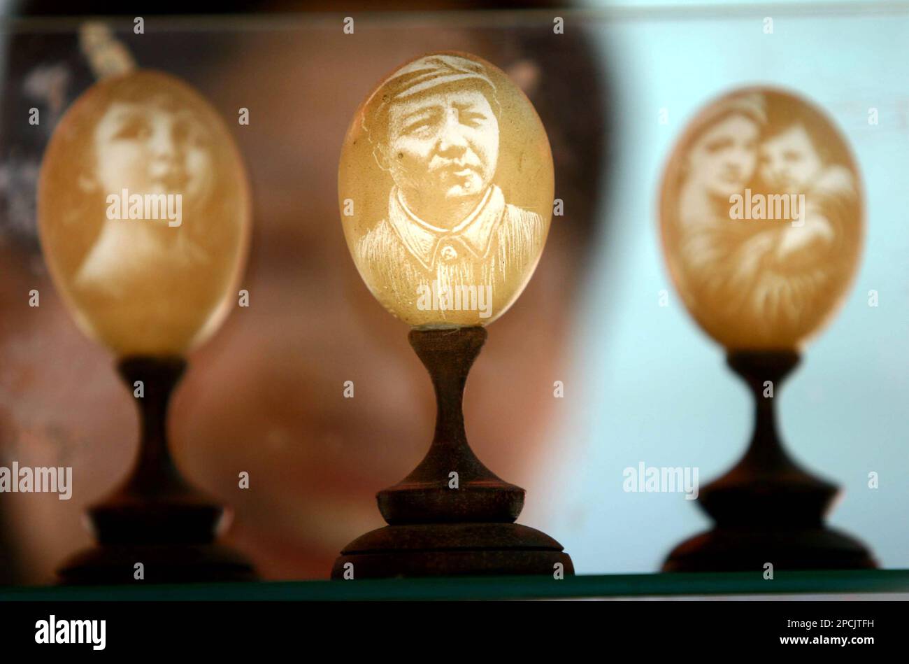 An egg shell carving of former Chinese leader Mao Zedong is seen on ...