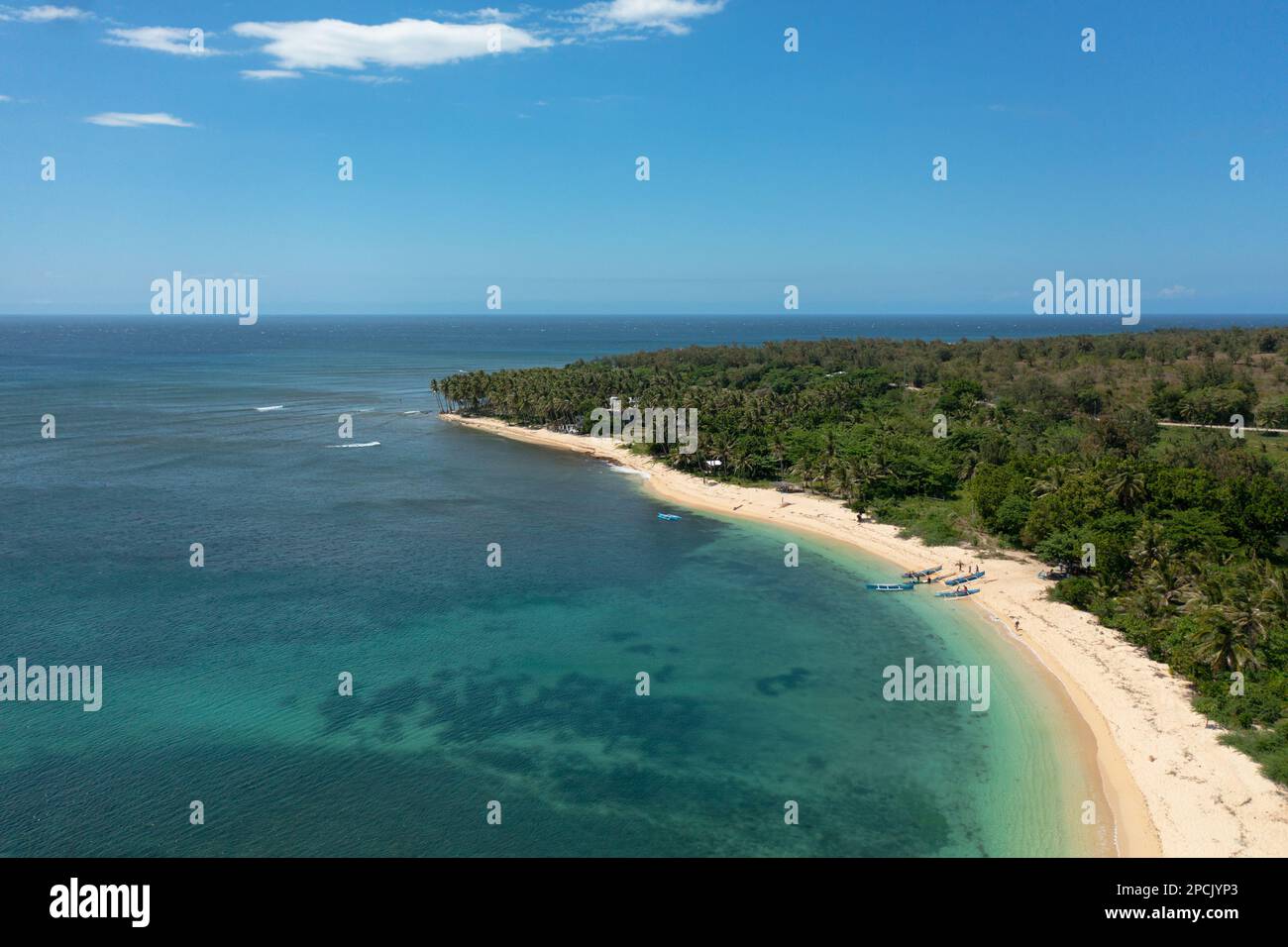 Beautiful sandy beach with palm trees and sea surf with waves. Pagudpud ...