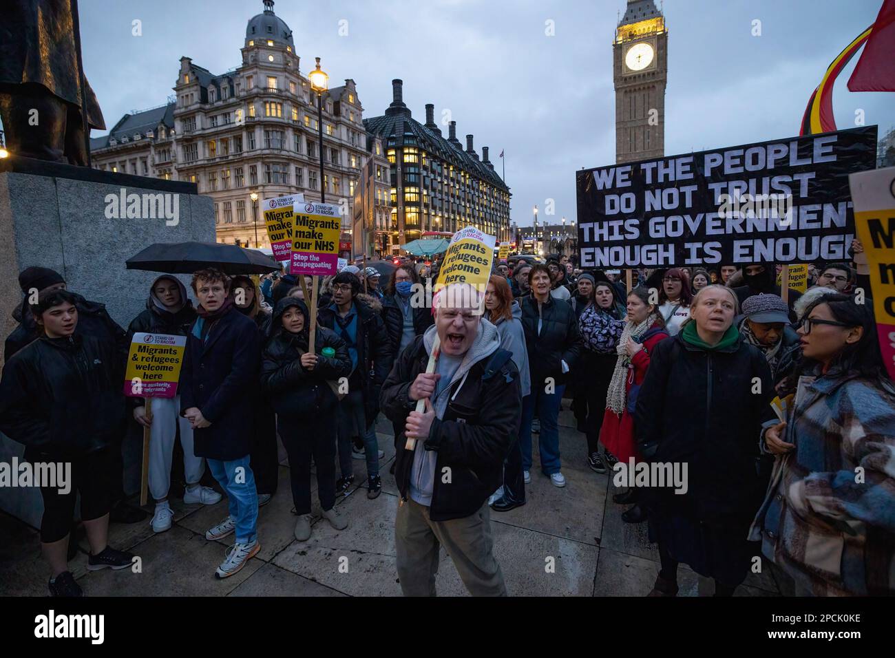 London, UK. 13th Mar, 2023. A protester is seen chanting slogan in the ...