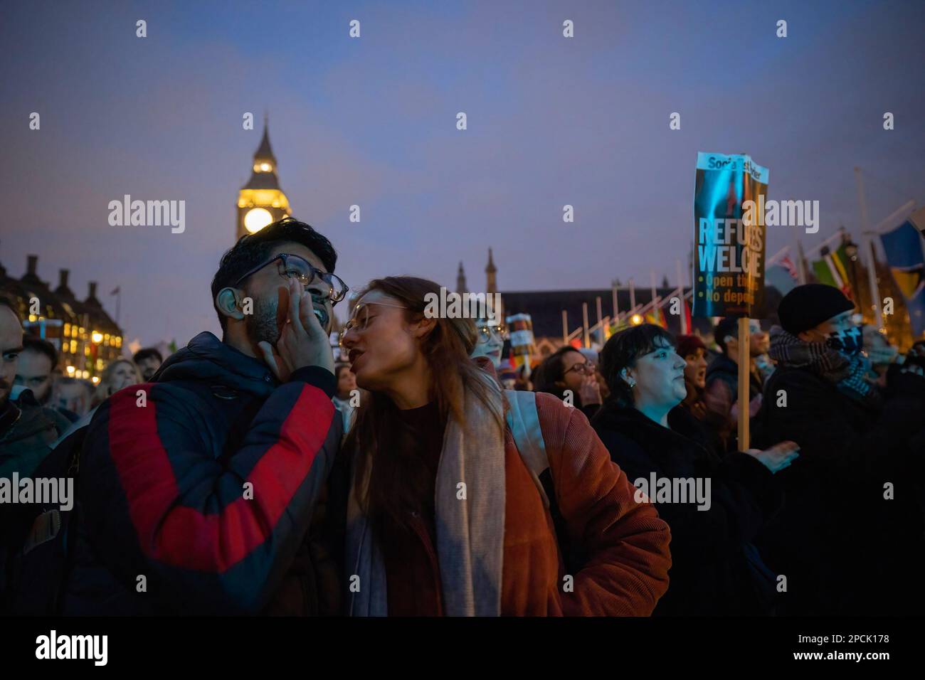 London, UK. 13th Mar, 2023. Protesters are seen chanting slogans during ...