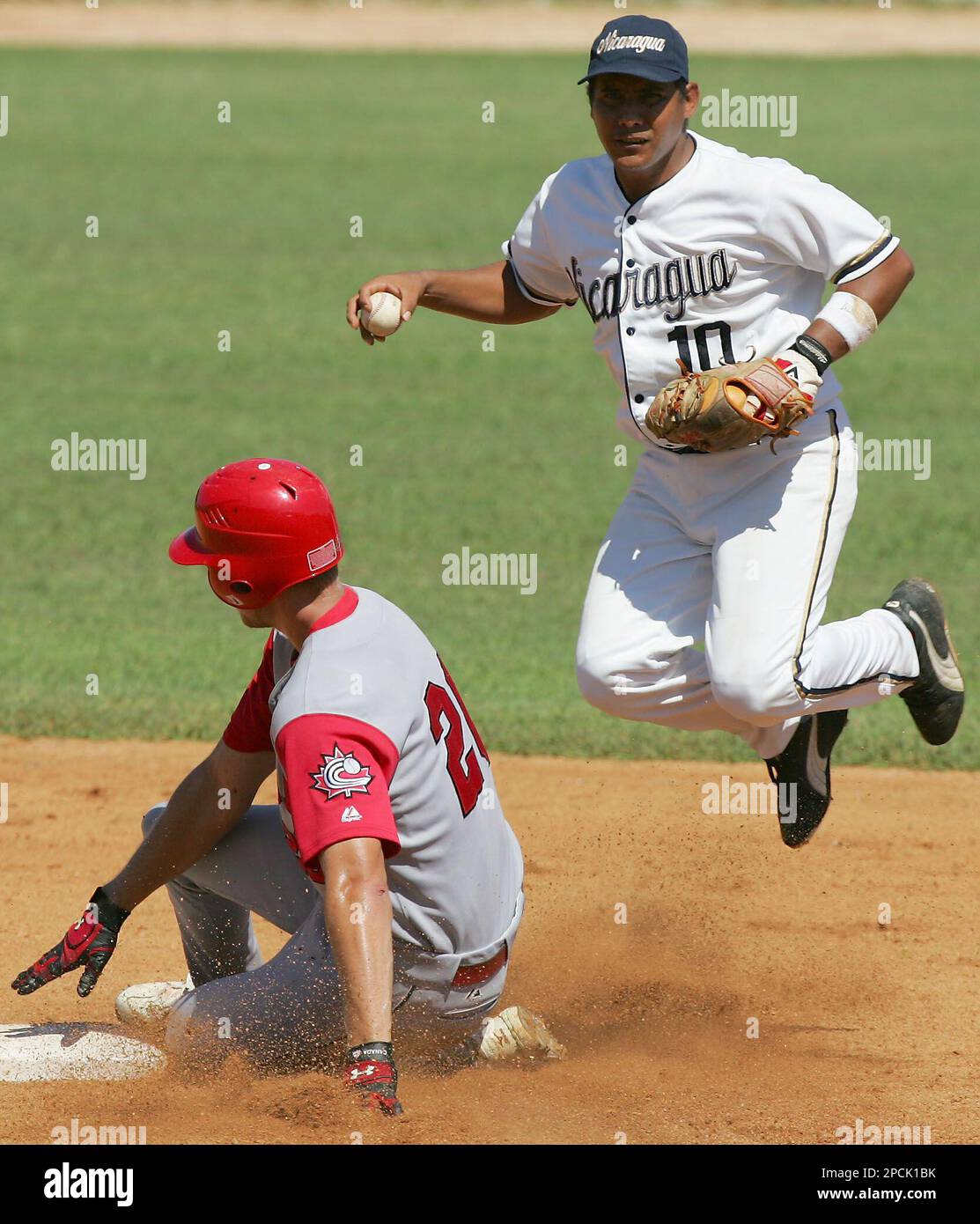 Nicaragua's Yasmir Garcia, top, tags out in the second base to Canada's ...