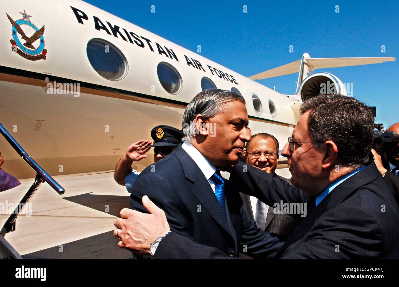 Pakistan's Prime Minister Shaukat Aziz, left, is welcomed by Lebanon's ...
