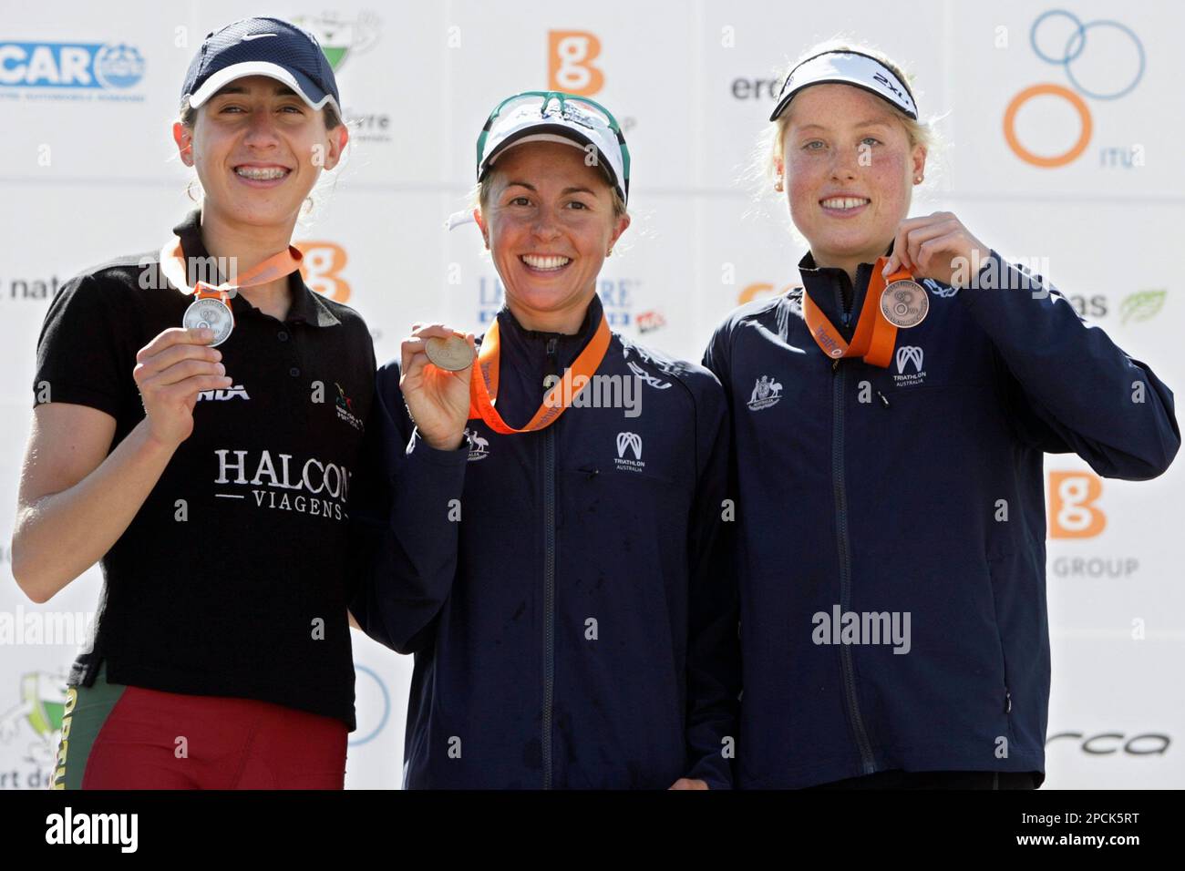 The podium, with from left to right, Vanessa Fernandes from Portugal ...