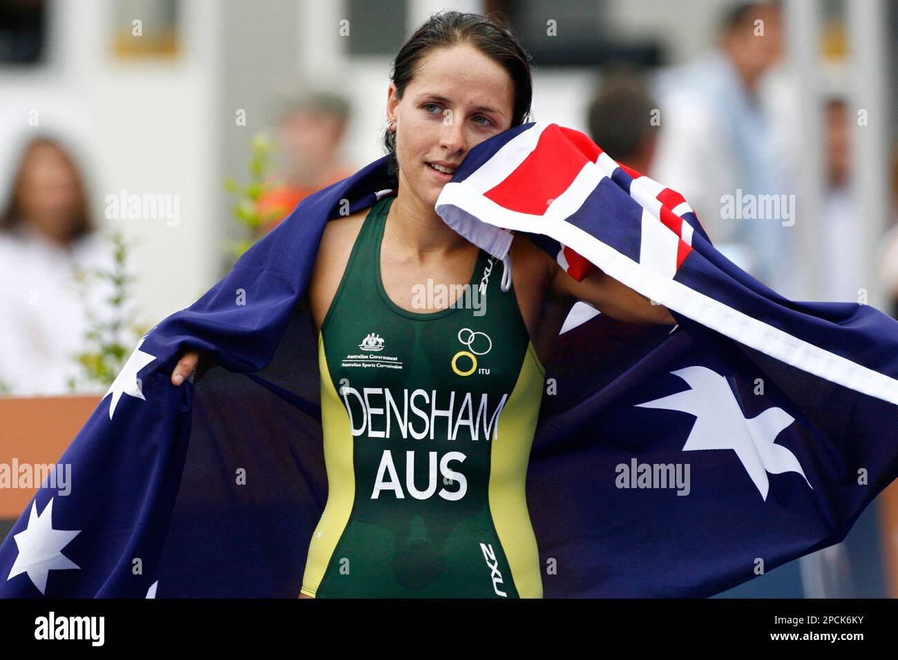 Australian Erin Densham celebrates waving the Australian flag after ...