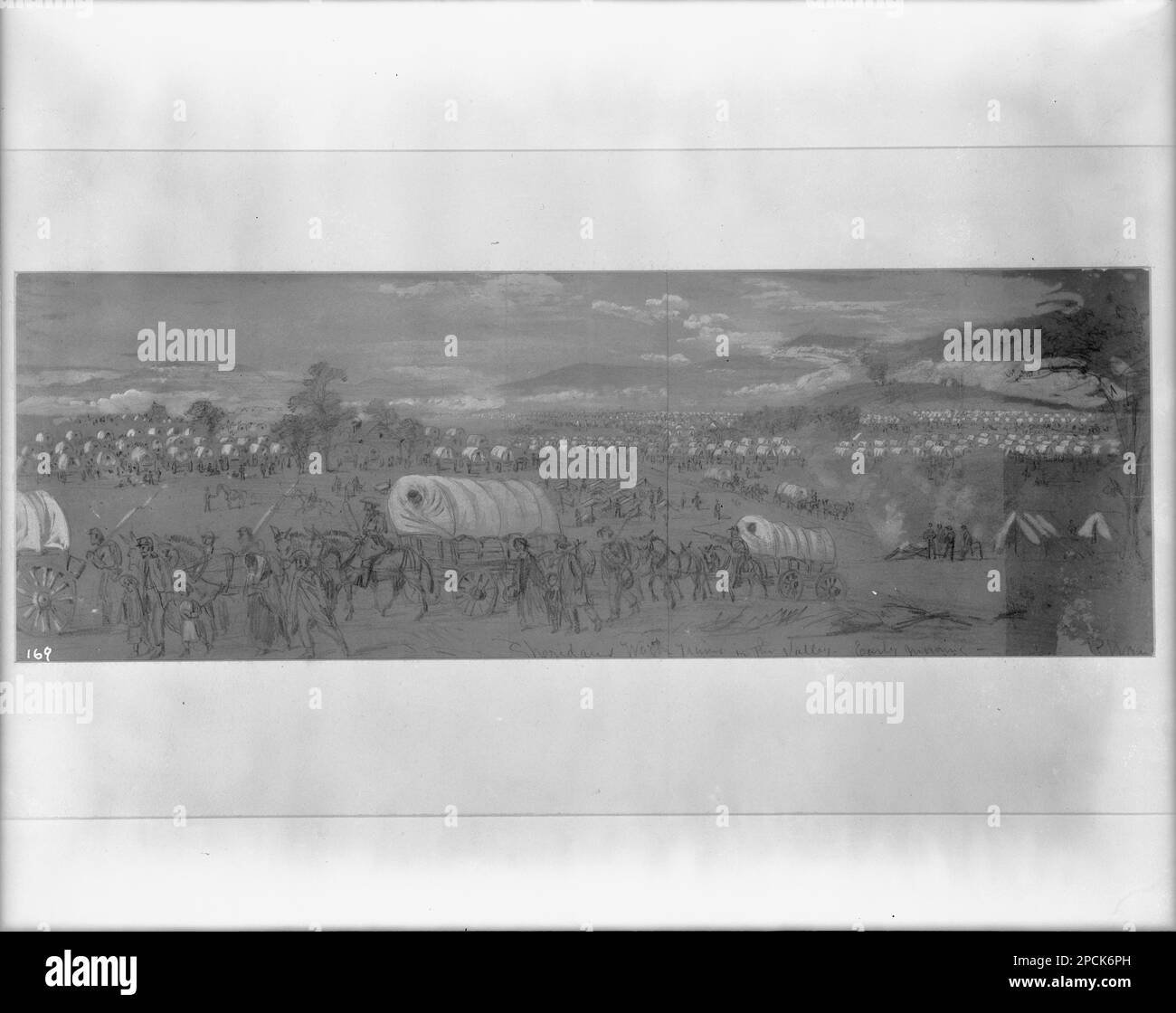 Sheridans Wagon Trains in the Valley. Early morning mist and smoke ...