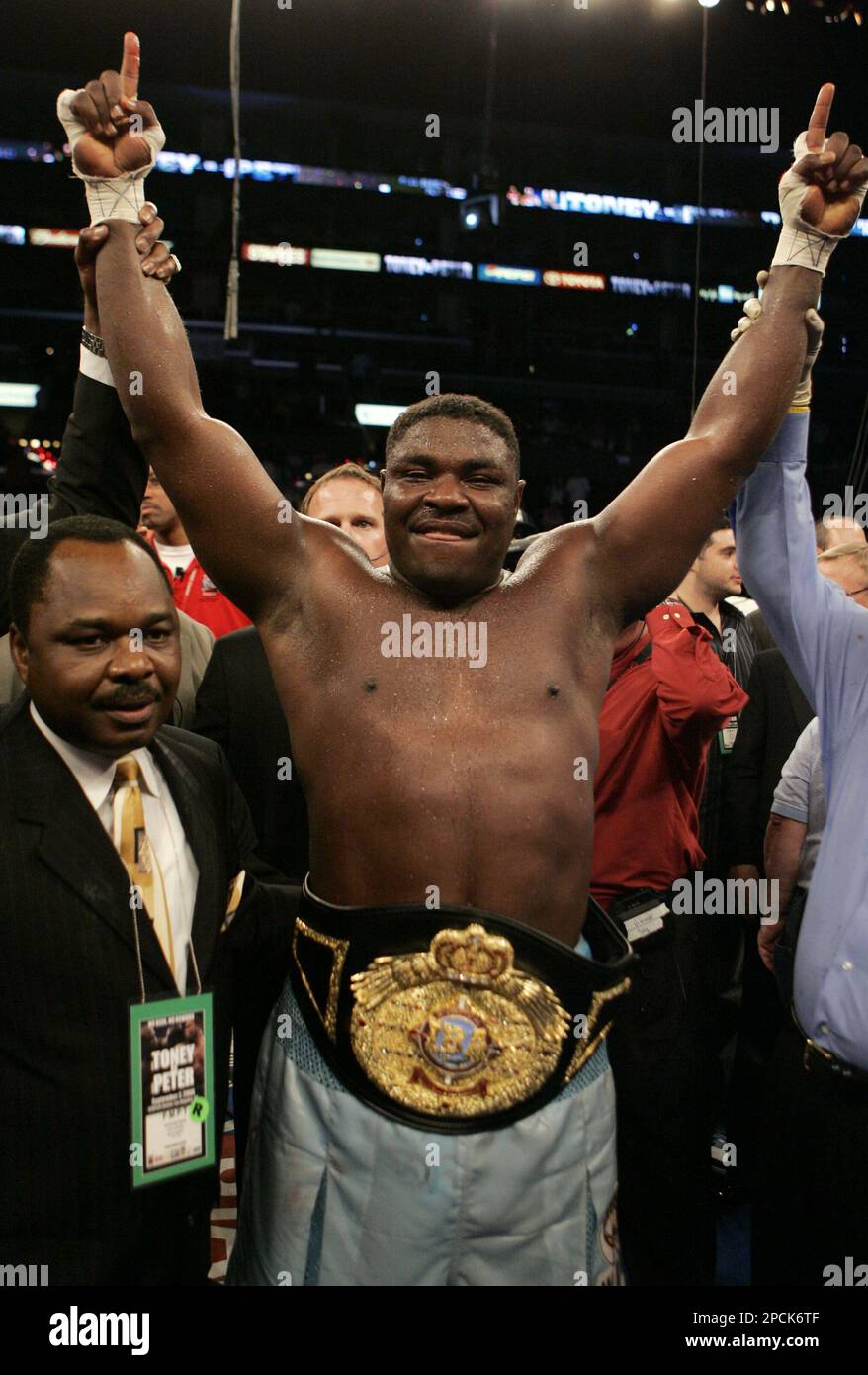 Samuel Peter reacts after beating James Toney in a split decision ...