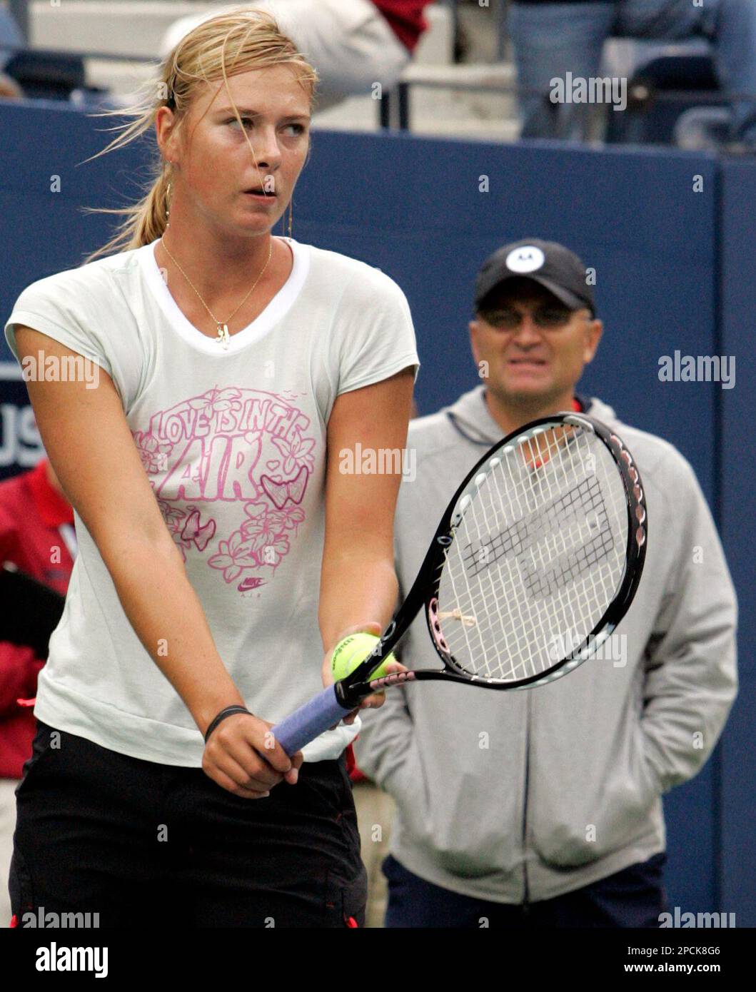 Maria Sharapova practices at Arthur Ashe Stadium as her coach and ...