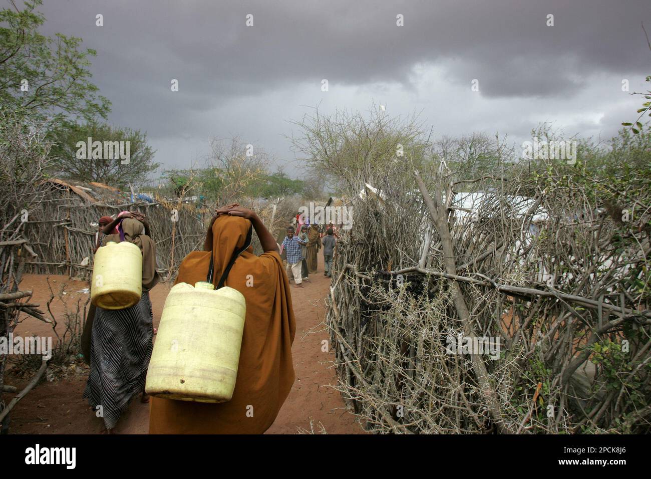Somali women carry cans of water on their back at Daadab refugee camp ...