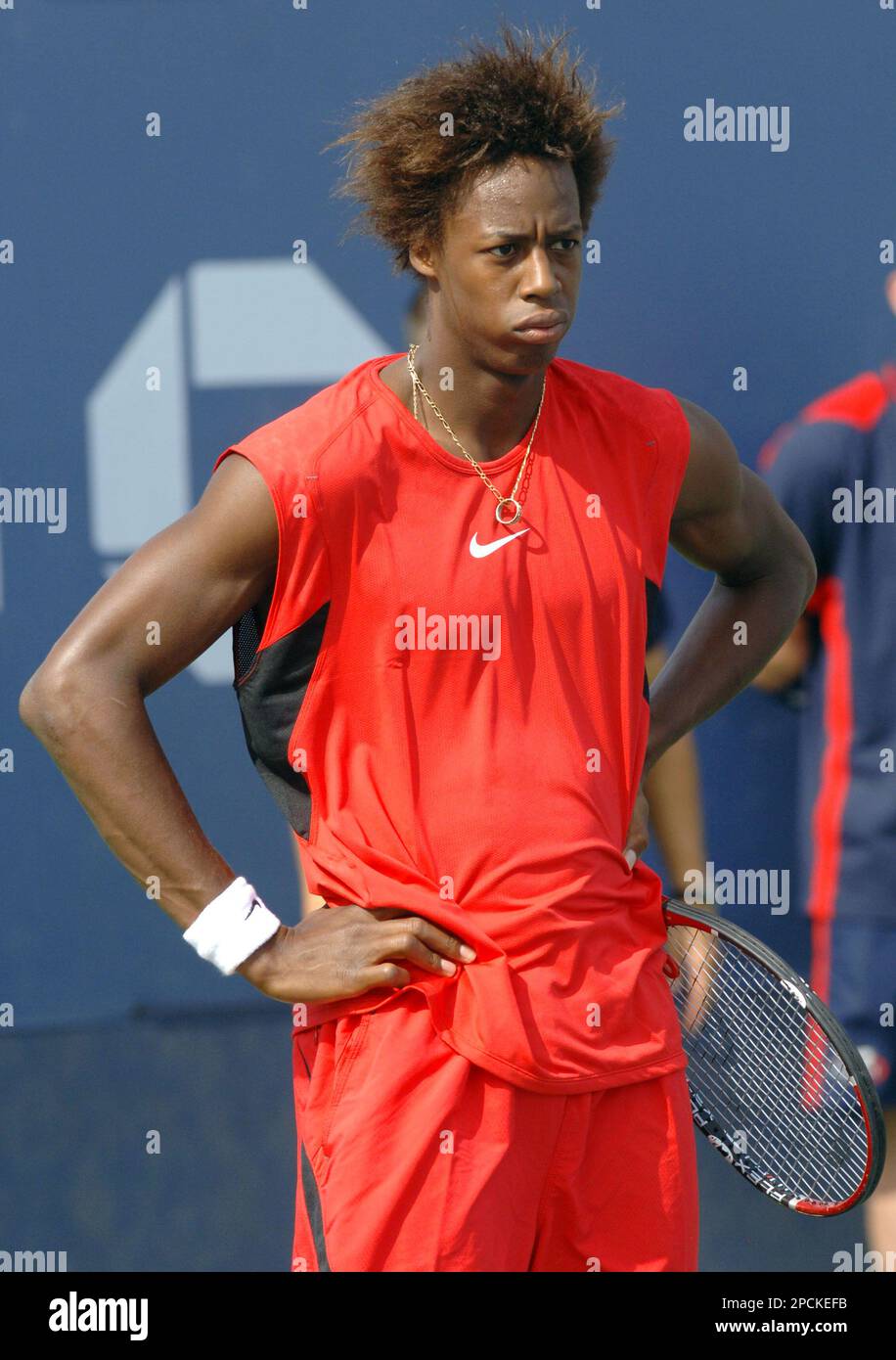 Gael Monfils, of France, reacts during his match against Wesley Moodie ...
