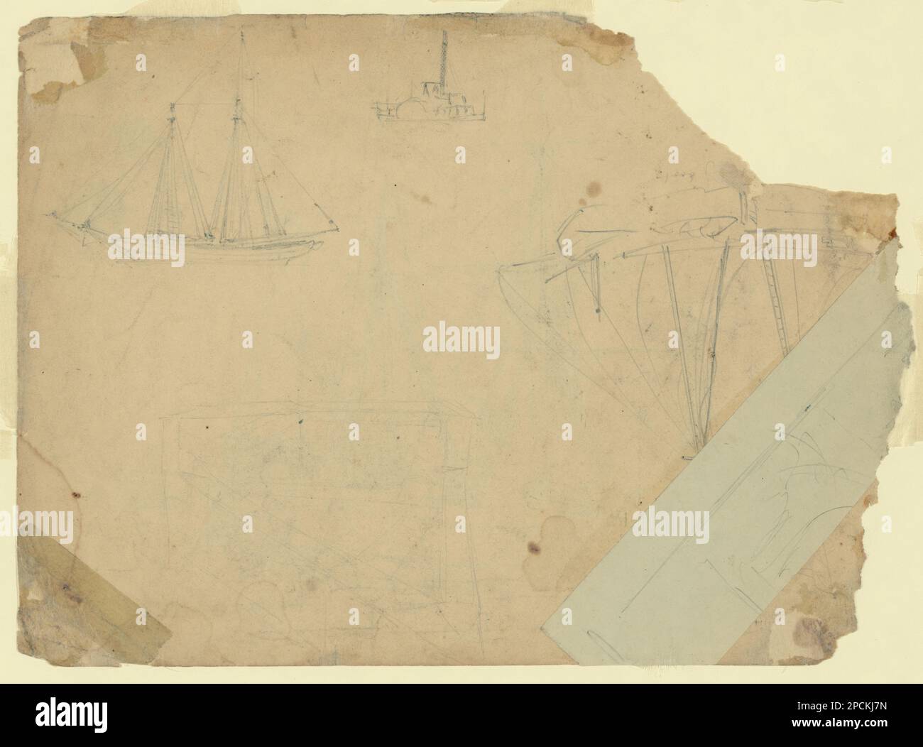 Steamship with sidewheel and three masts at dock. Morgan collection of ...