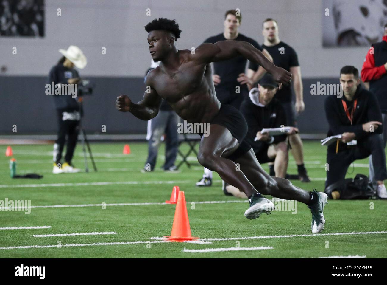 Portland State football player Emmanuel Daigbe participates in a ...