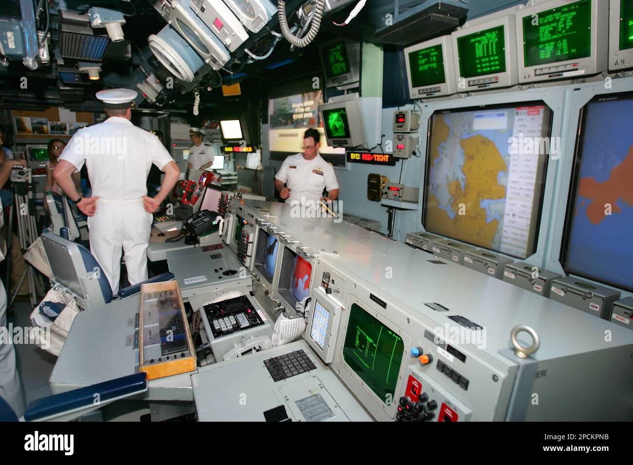 The control room of the USS Shiloh, a U.S. Navy's Aegis-equipped ...