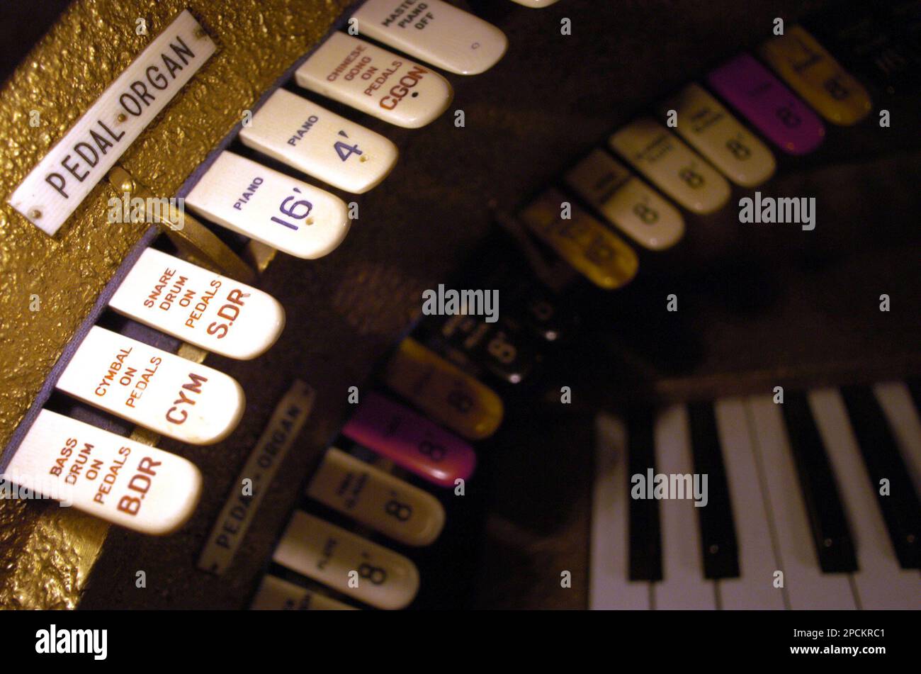 The stop-tabs of a 1927 Barton pipe organ, maintained by Harold Dingel ...