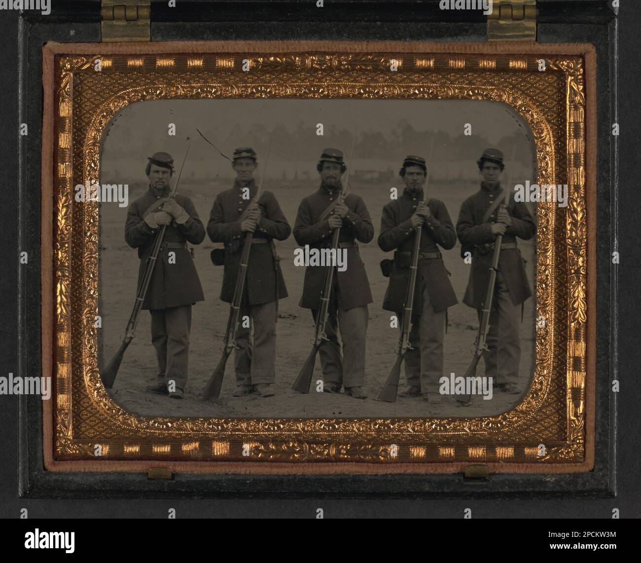 Five soldiers, four unidentified, in Union uniforms of the 6th Regiment ...