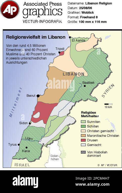 GRA108 GRAFIK LIBANON RELIGIONEN - Karte des Landes mit Einfaerbung der ...