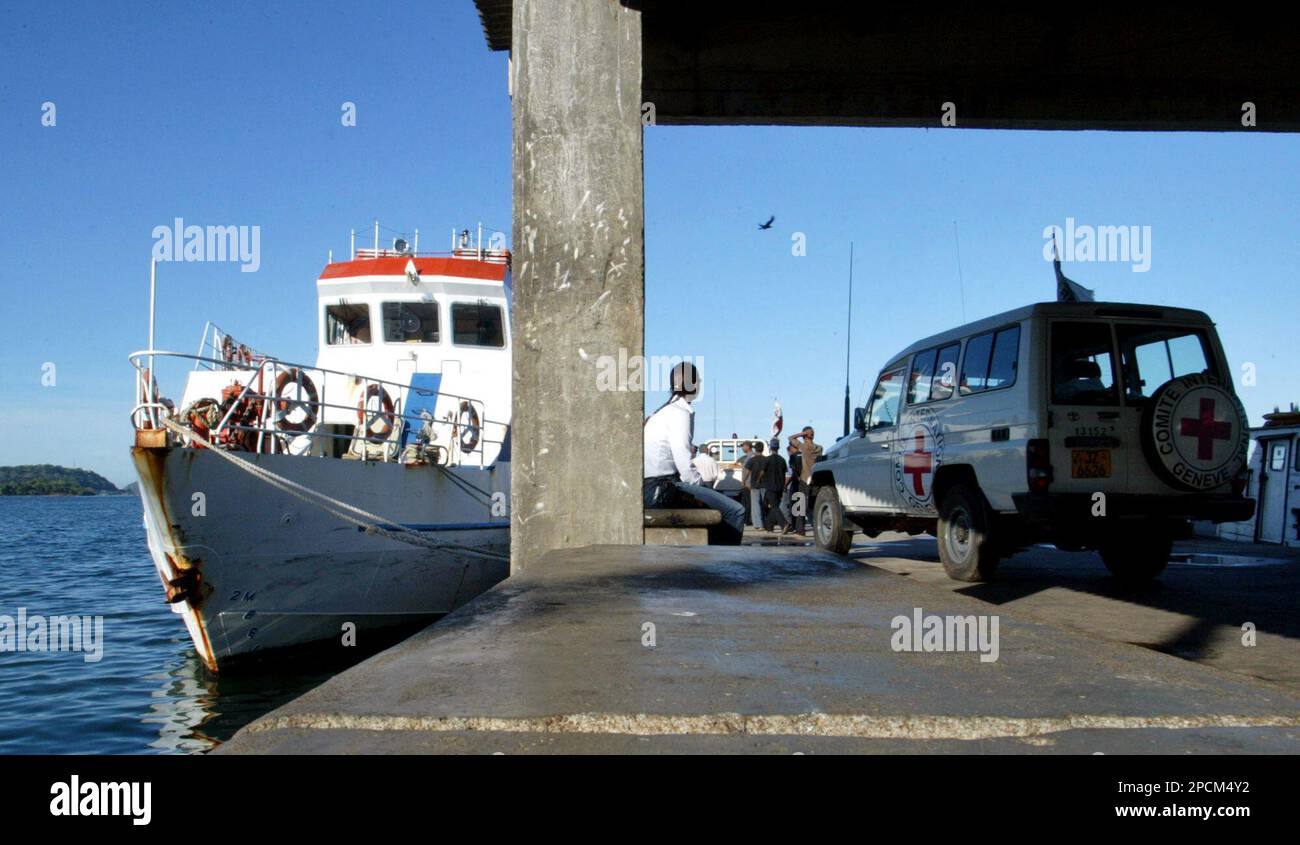 International Committee of the Red Cross (ICRC) jeeps reach the jetty ...