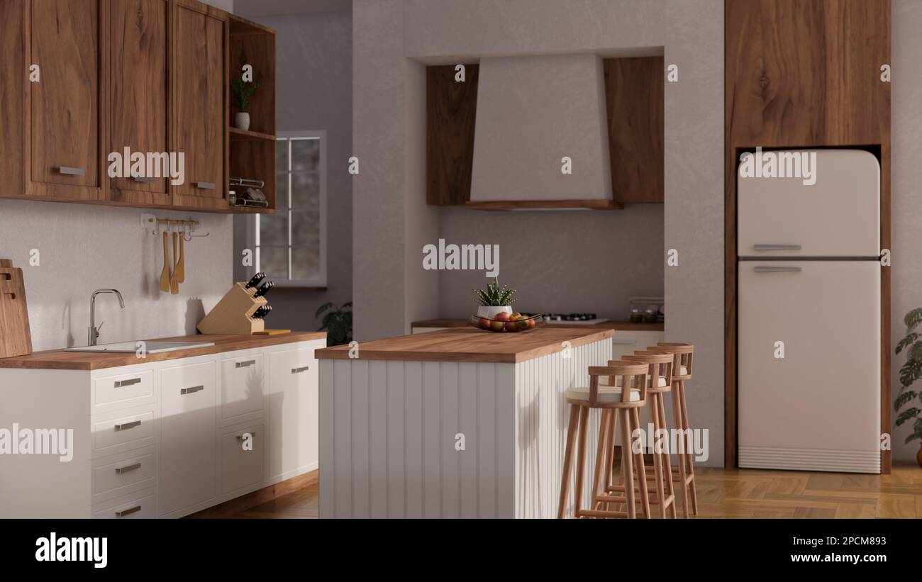 Side view of beautiful Scandinavian kitchen interior design in white ...