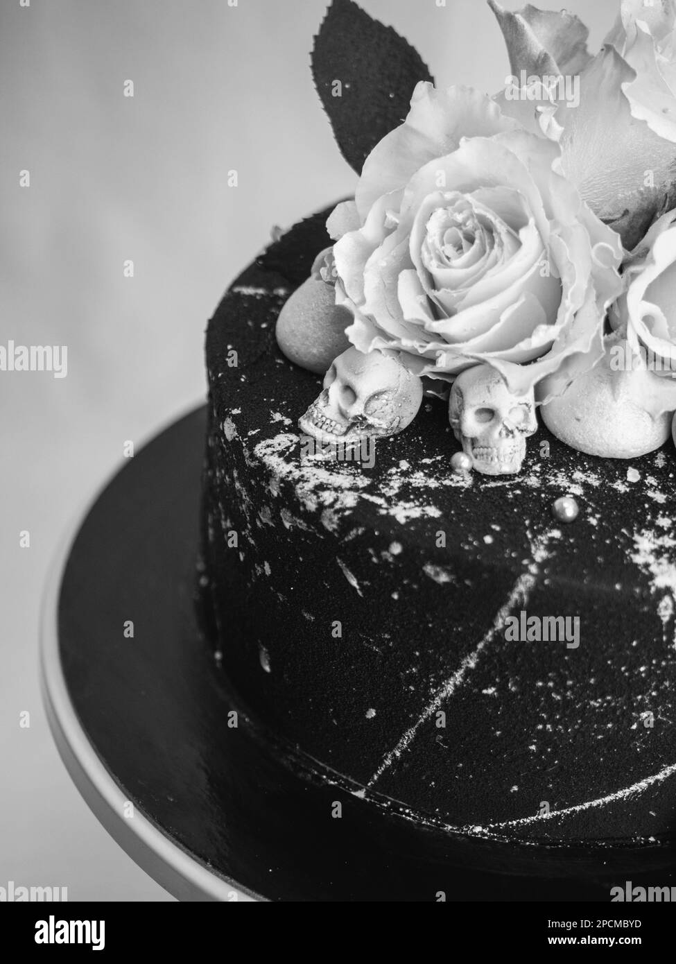 birthday black airbrush painted frosted icing cake, two real roses ...