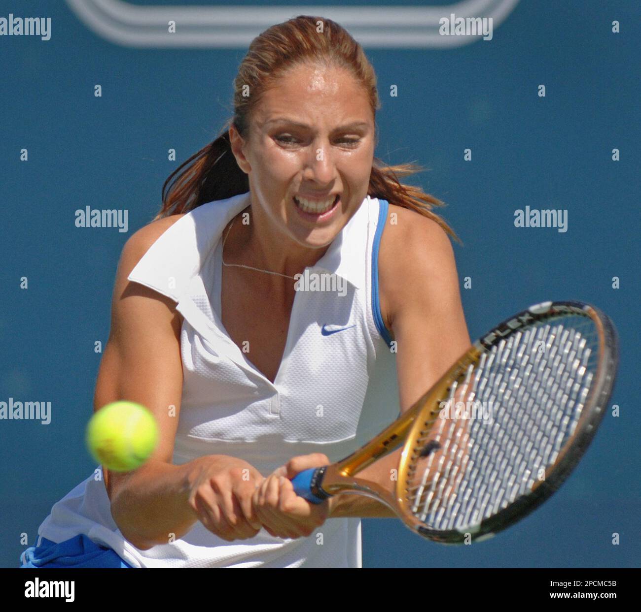 Russia's Anastasia Myskina returns a serve during the first set of her ...