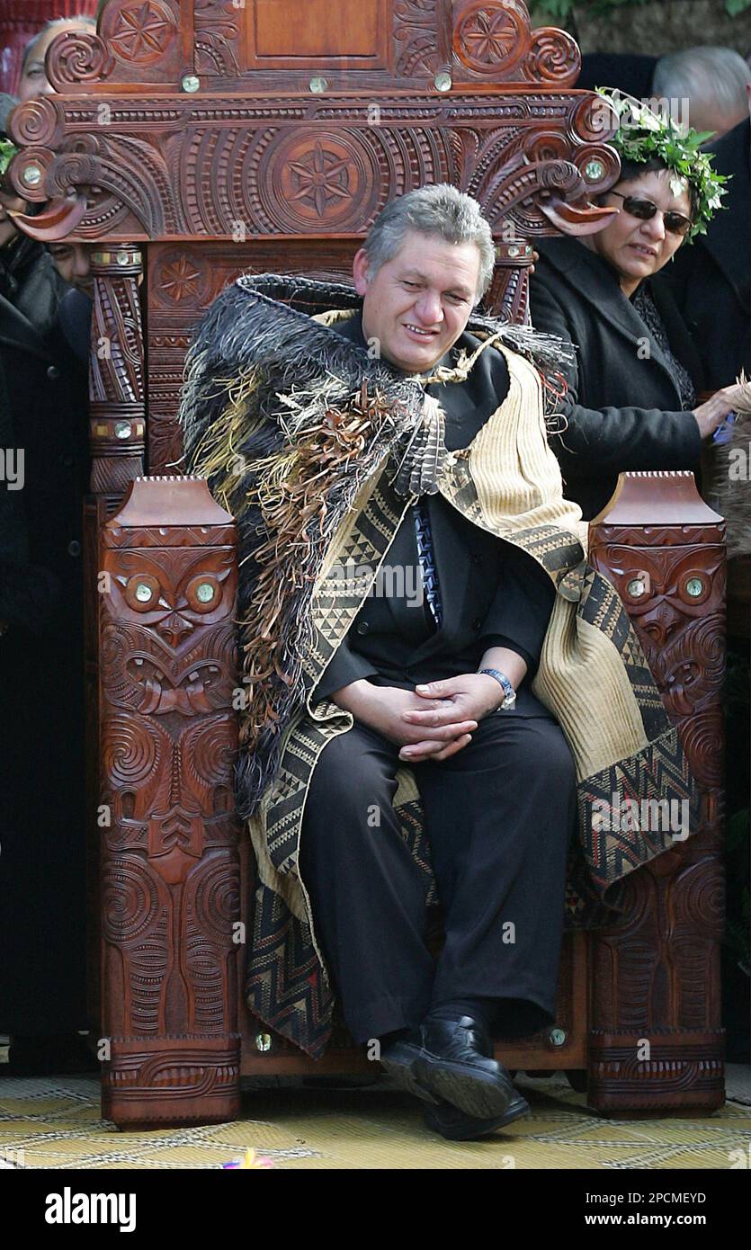 New Maori King Tuheitia Paki sits on the throne at his coronation at Turangawaewae, Ngaruawahia ...