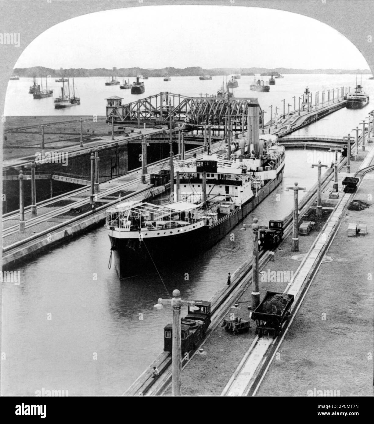 PANAMA CANAL : South over Gatun Locks and Gatun Lake, emergency dam in ...