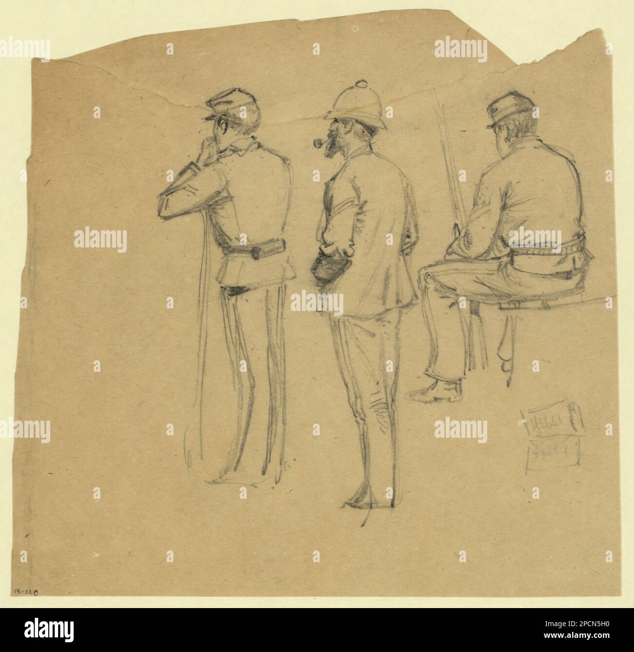 Full-length rear-view sketches of three soldiers. Morgan collection of ...