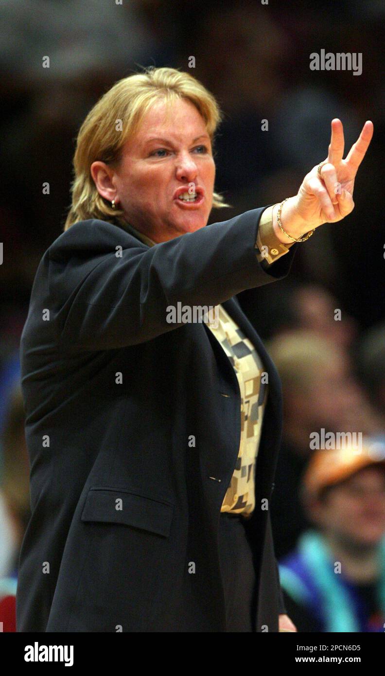 New York Liberty's head coach Pat Coyle gives her team instructions ...