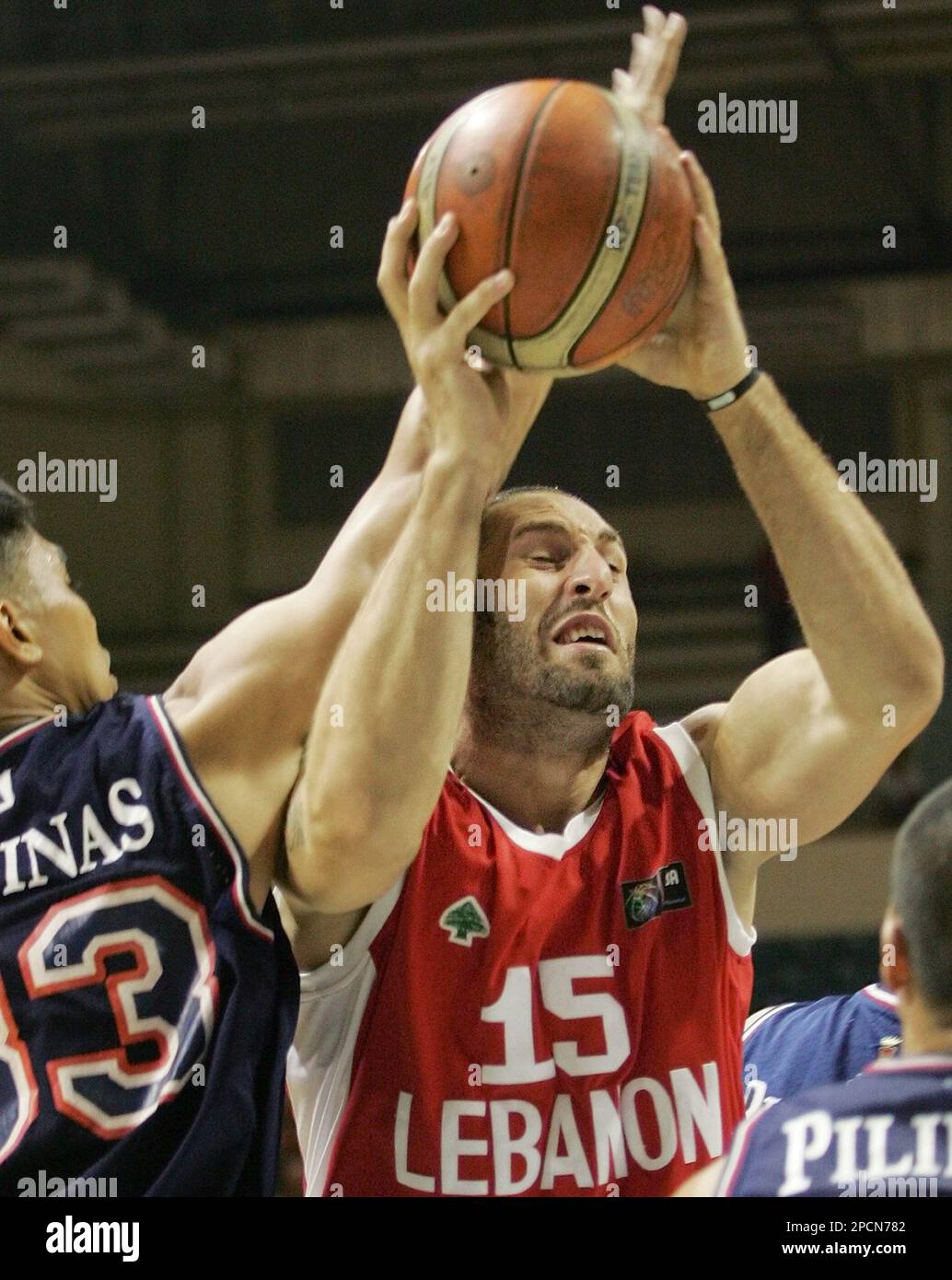 Lebanon national team El Cheikh Fadi El Khatib, right, powers his way ...