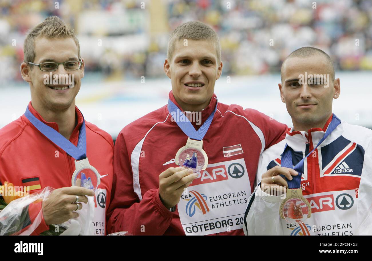 Latvia's Men's 110 meter hurdles gold medalist Stanislav Olijar is ...