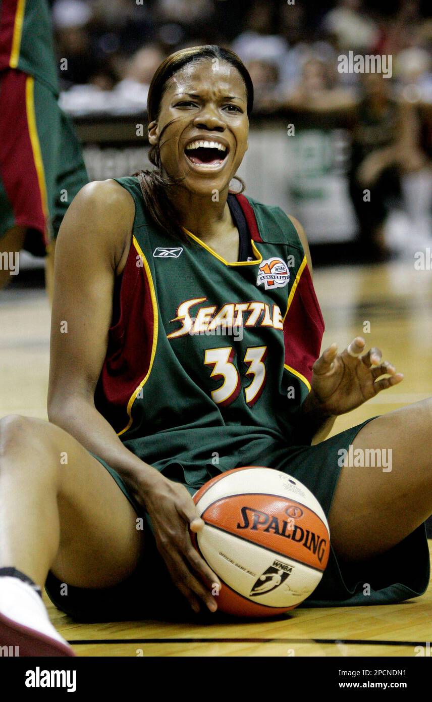 Seattle Storm center Janell Burse reacts to a call during the first ...