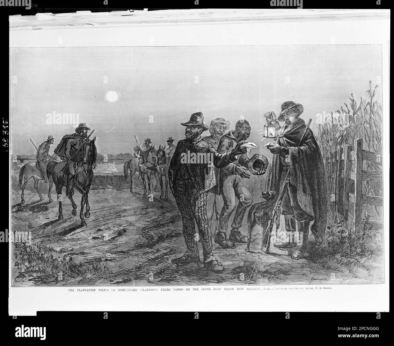 The plantation police or home-guard examining Negro passes on the levee ...