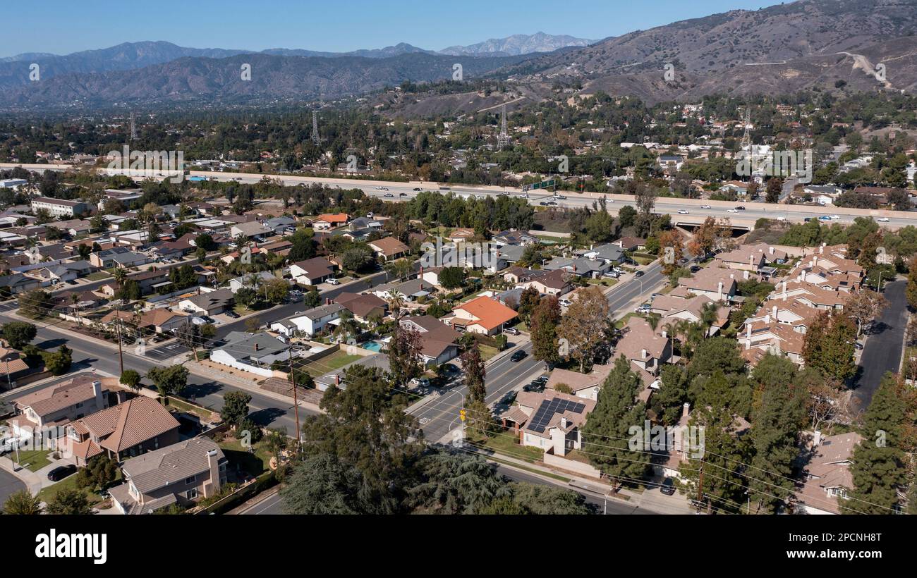 Daytime aerial view of a suburban neighborhood in San Dimas, California ...