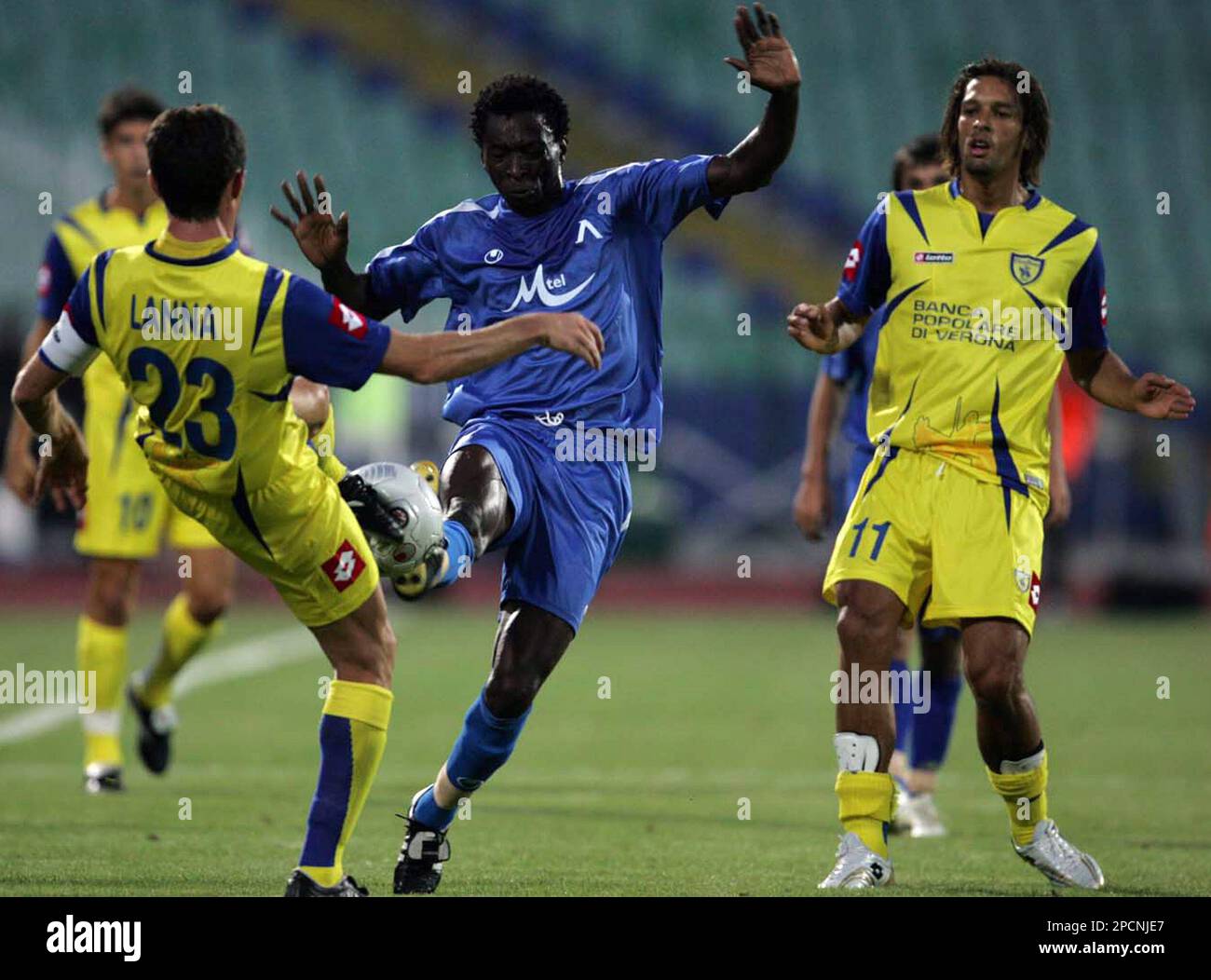 Levski's Richard Eromoigbe, center, challenges for the ball with Chievo ...