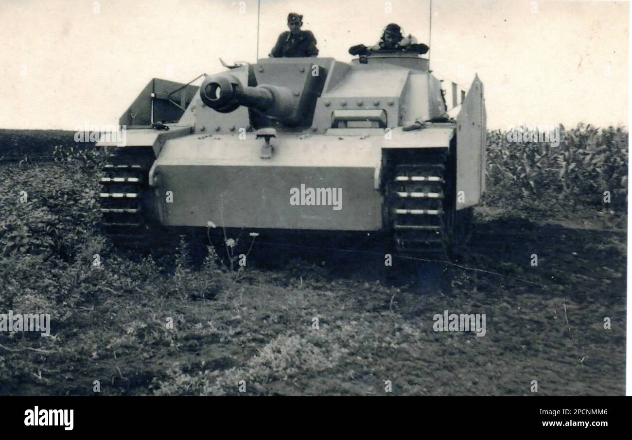 World War Two B&W photo A Sturmgeschuetz (Assault Gun ) with side ...