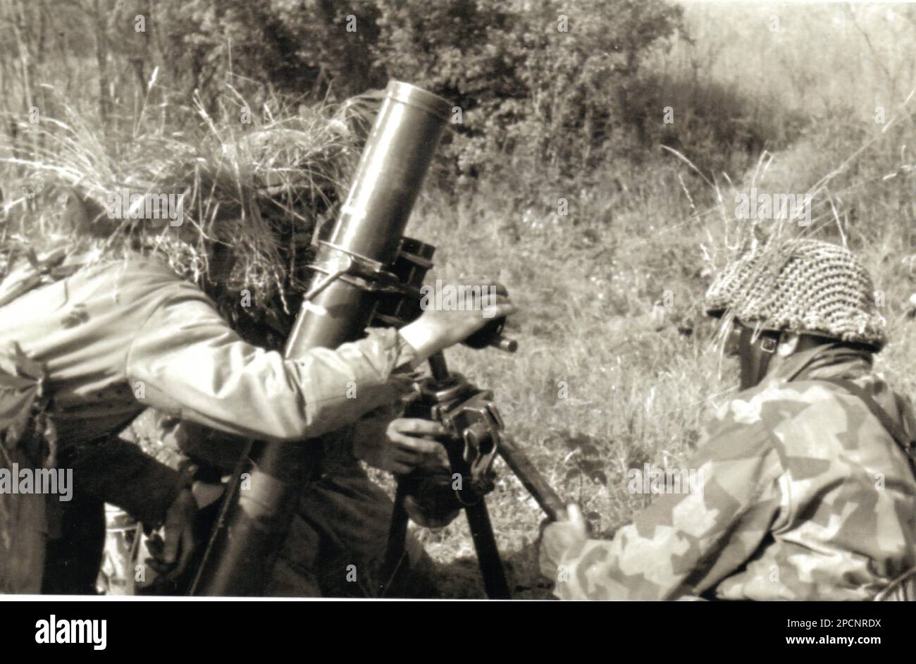 World War Two B&W photo German Paratroops train on a 10cm Mortar in a ...