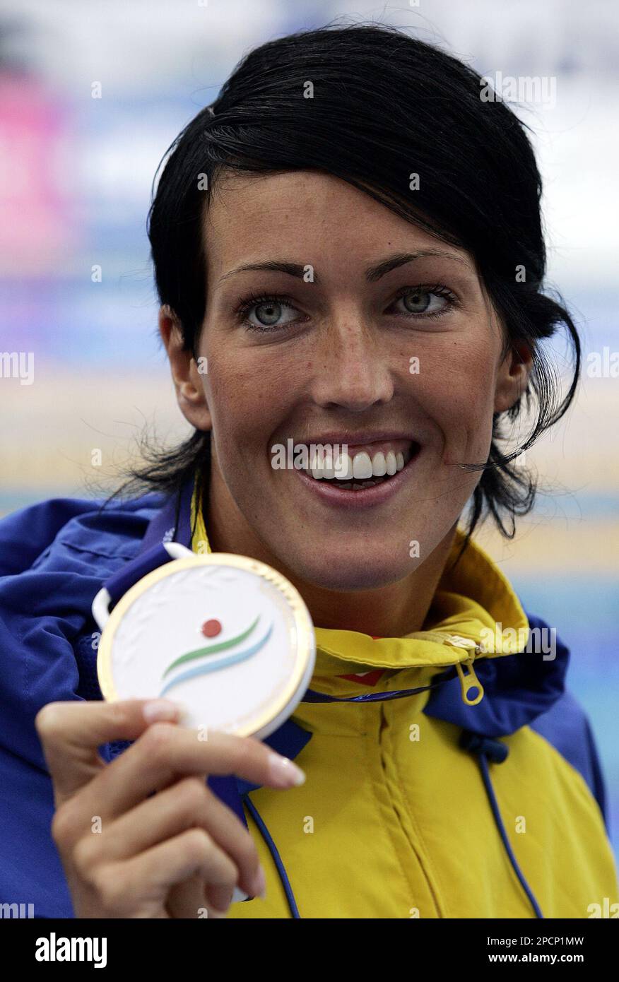 Therese Alshammar from Sweden display's her gold medal after the awards ...