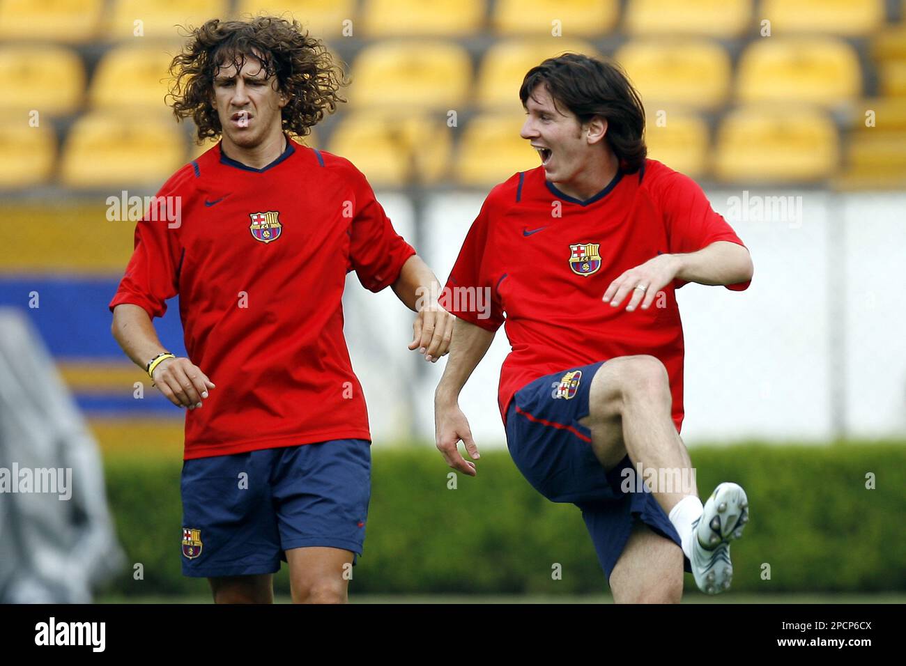 Spain's FC Barcelona soccer players Lionel Messi, right, from Argentina ...