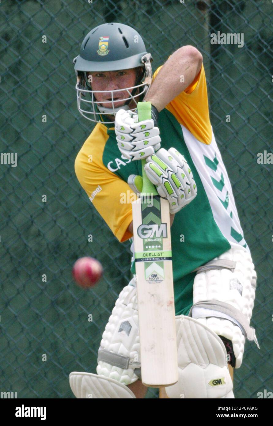 South African cricketer Herschelle Gibbs bats during a practice session ...