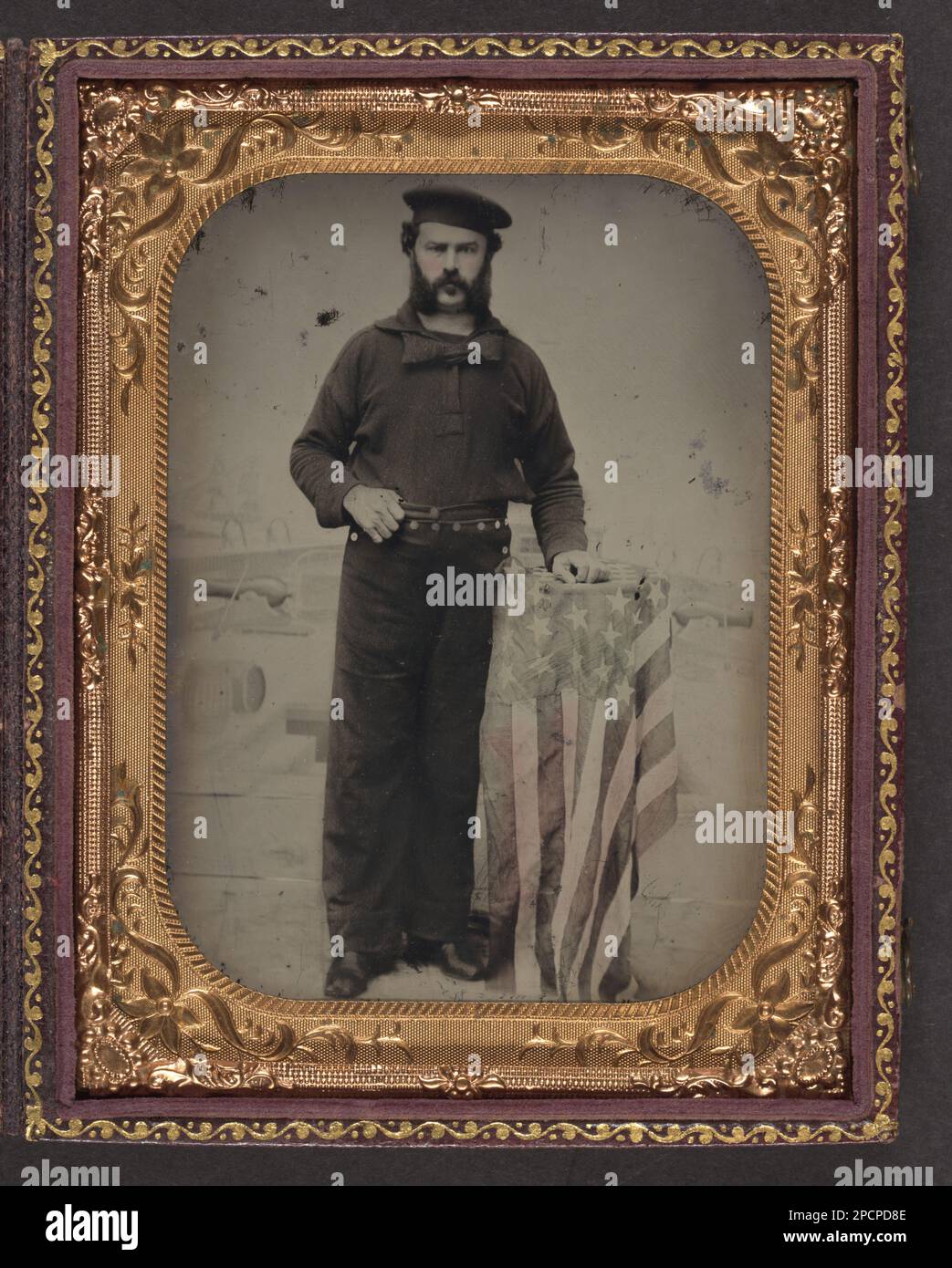 Landsman Peter Depray in Union uniform at American flag-draped table in ...