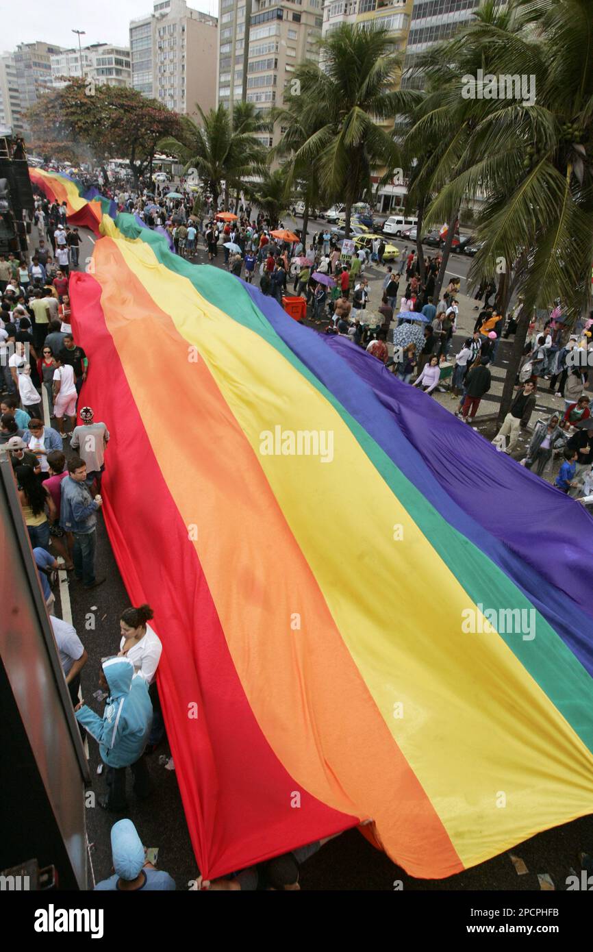People hold a gay pride flag during the annual Gay Pride Parade in Rio ...