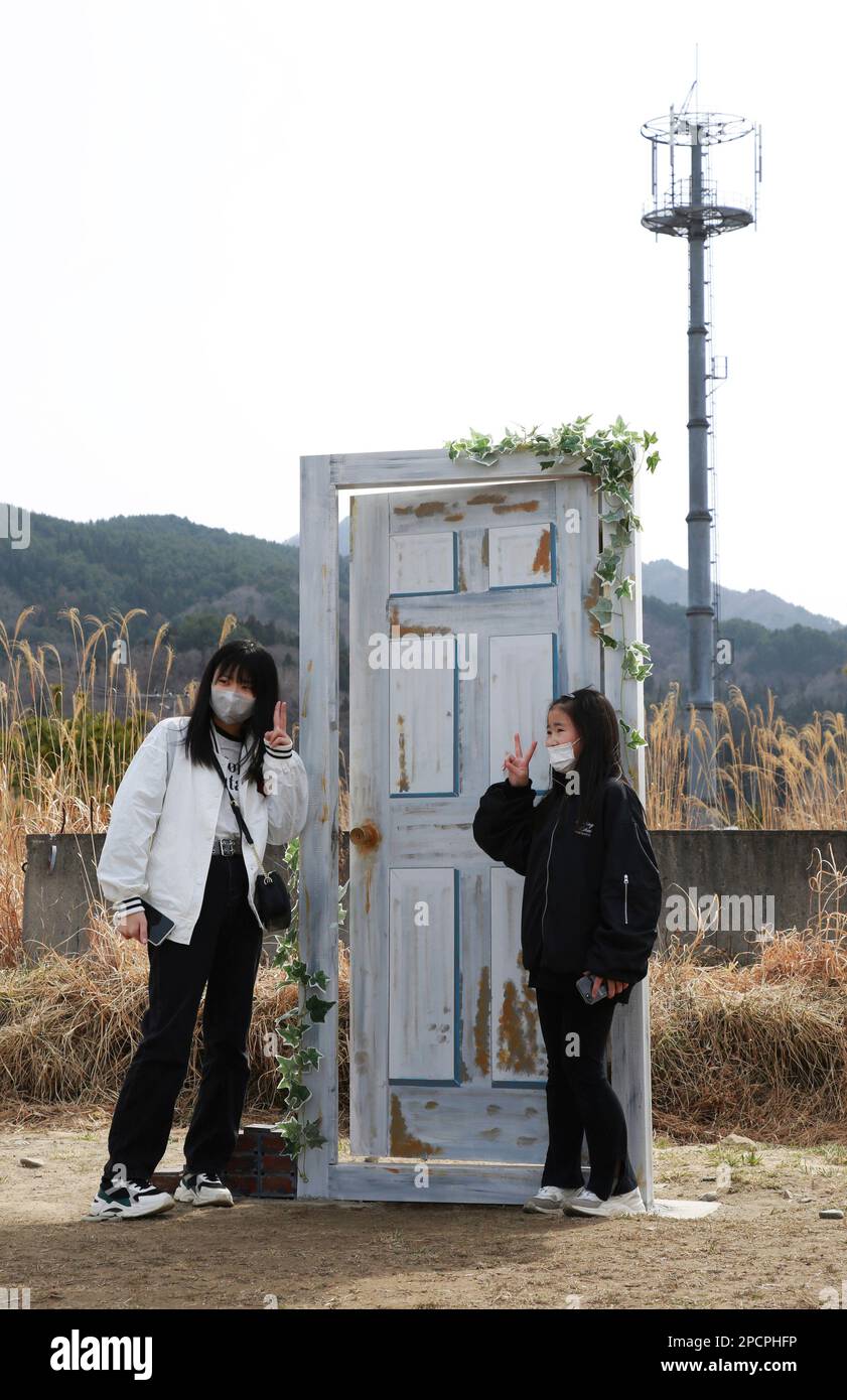 A photo shows a door in Miyako City, Iwate Prefecture, northern Japan, on March 12, 2023. The ...