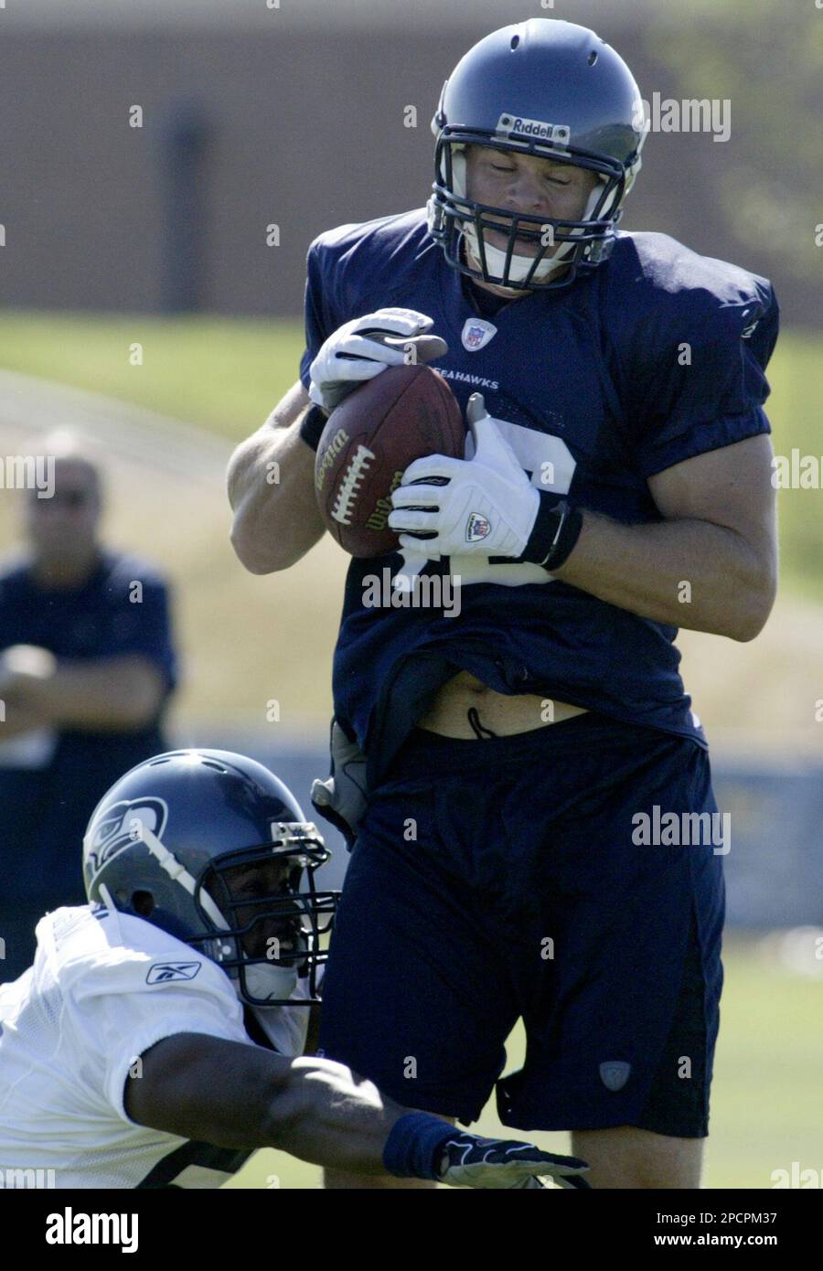 Seattle Seahawks tight end Will Heller catches a pass in front of a ...