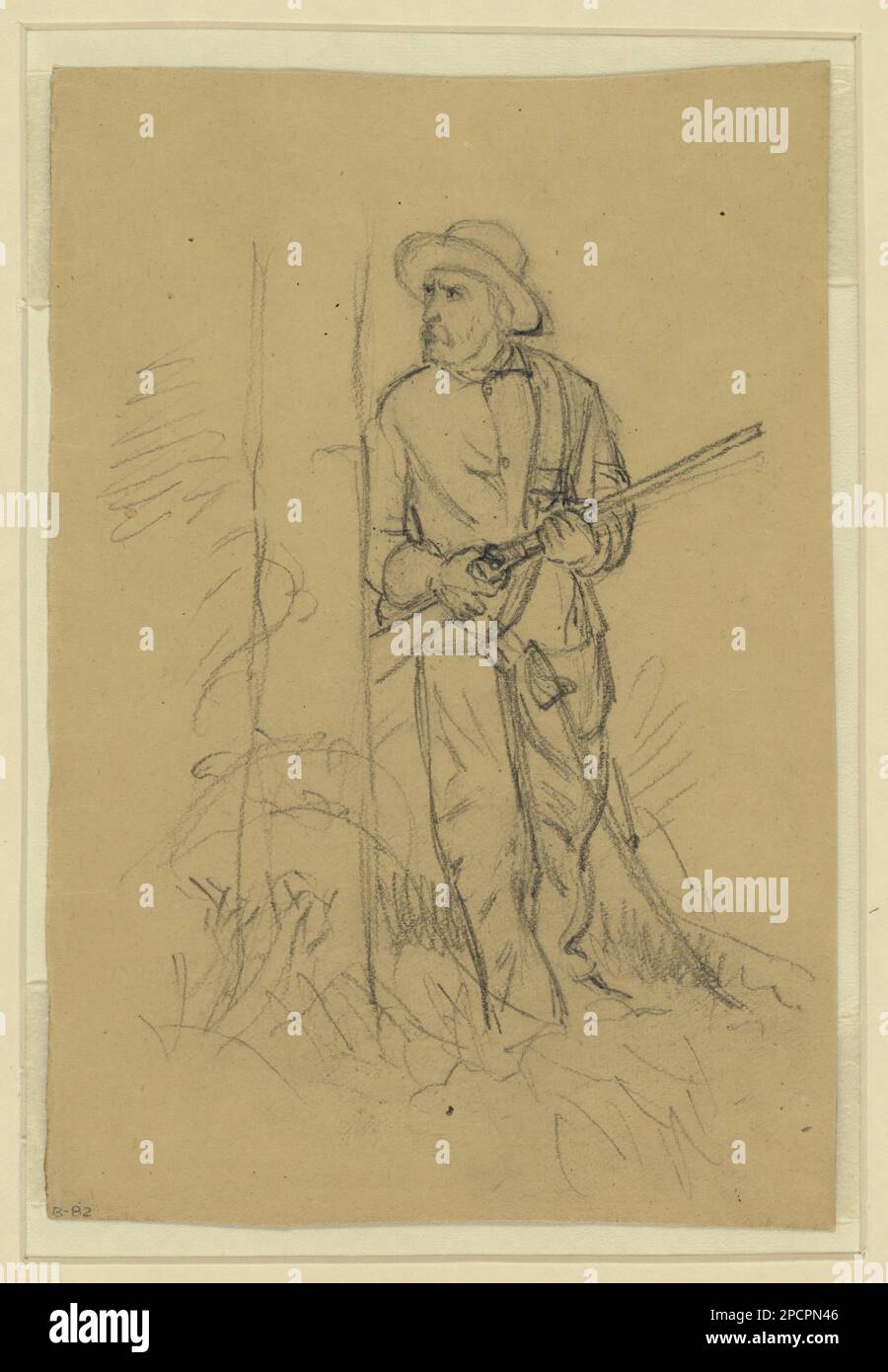 Man with rifle peering around tree. Morgan collection of Civil War ...