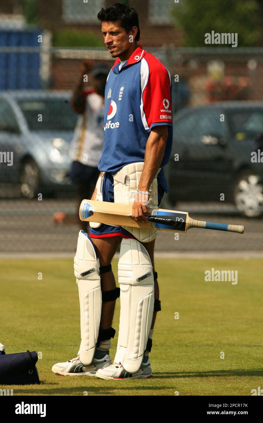 England's Sajid Mahmood prepares to bat in nets as the team practices ...