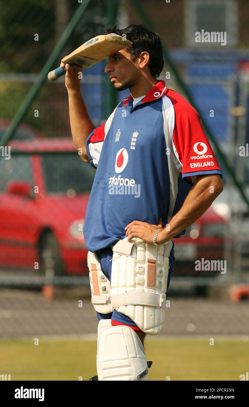 England's Sajid Mahmood prepares to bat in nets as the team practices ...