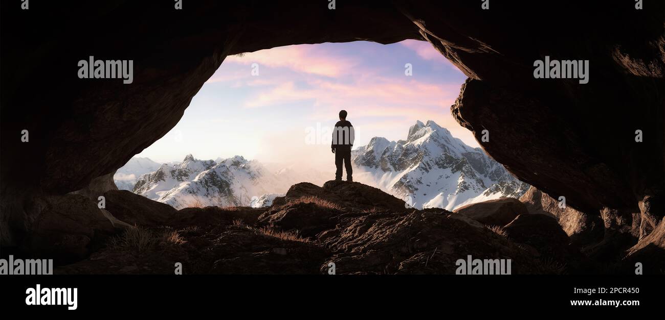 Adventurous Man Hiker standing in a Cave with rocky mountains in ...